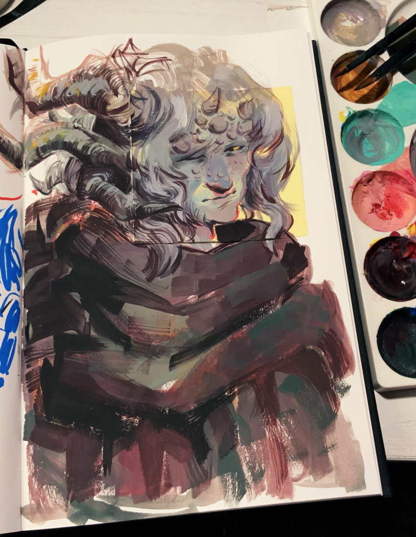 Safebooru - 1boy absurdres asymmetrical horns black sclera brown cloak ...