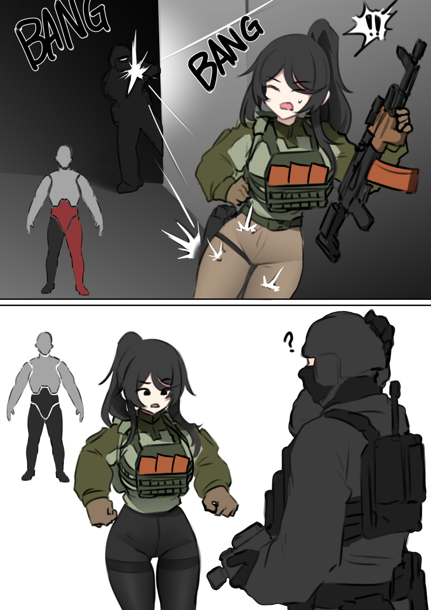 Safebooru - ! !! 1boy 1girl ? absurdres ammunition pouch assault rifle bandit-chan (k0ng) belt ...