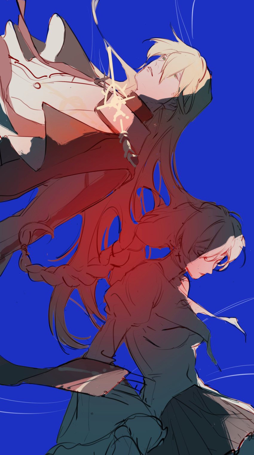 Safebooru - 1boy 1girl absurdres bin ggan blonde hair blue background braid closed eyes closed ...