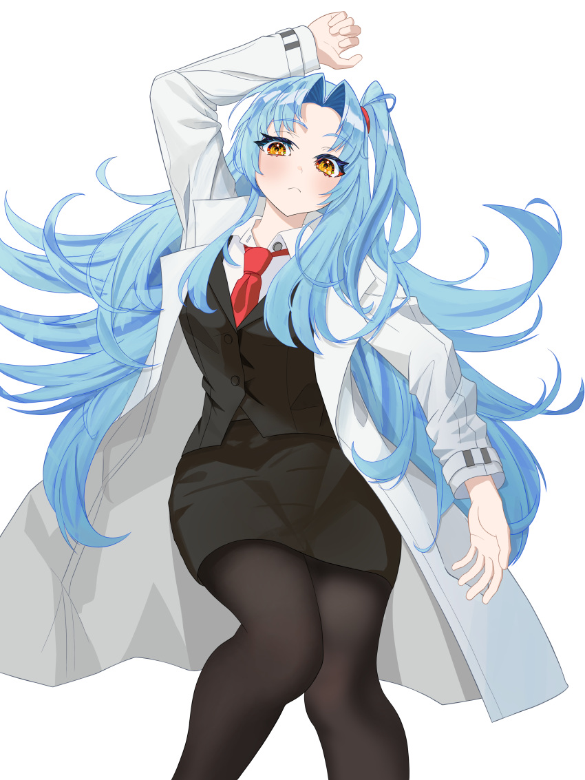 Safebooru - 1girl absurdres angela (project moon) arm up black pantyhose black skirt black vest ...