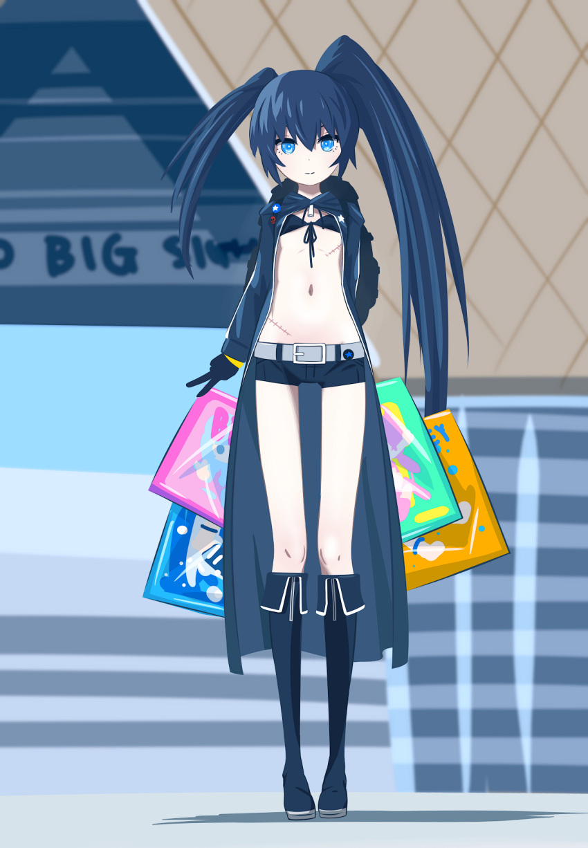 Safebooru - 1girl 32zzz belt black bra black footwear black hair black jacket black rock shooter ...
