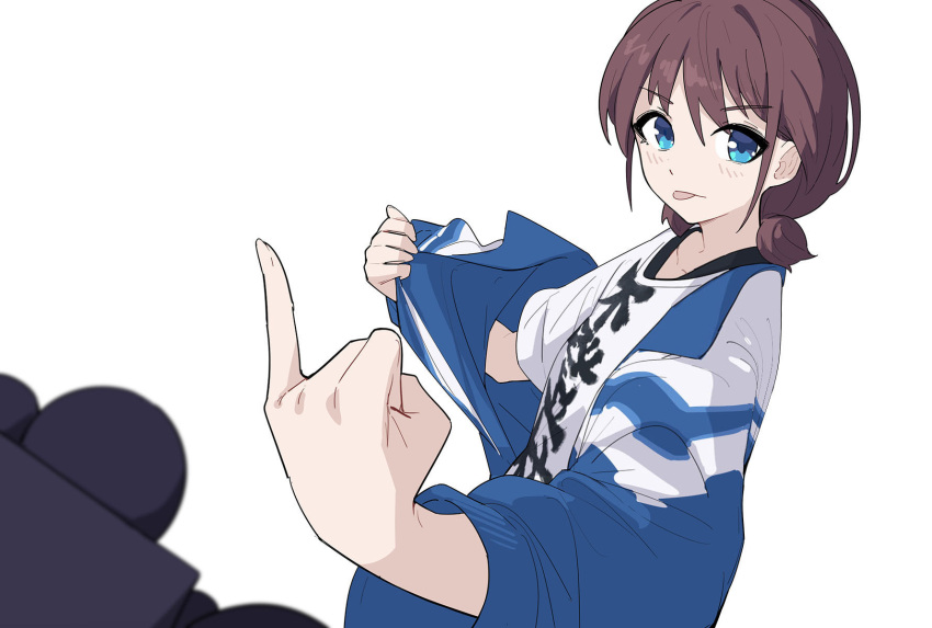 Safebooru - 1girl blue eyes blue jacket blush brown hair chinese commentary clothes writing ...