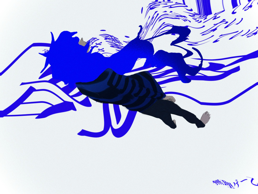 Safebooru - 1boy ake karashi barefoot blue hair blue shirt blue theme ...