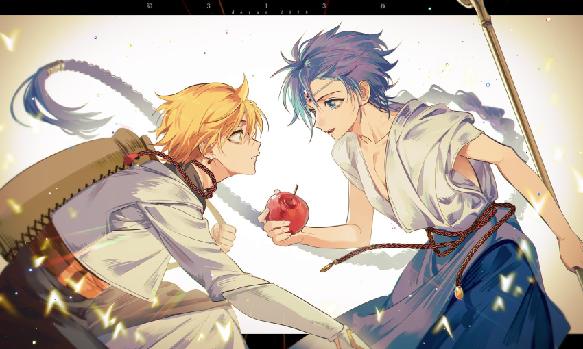 Safebooru - 2boys aladdin (magi) ali baba saluja apple baggy pants blonde hair blue eyes blue ...