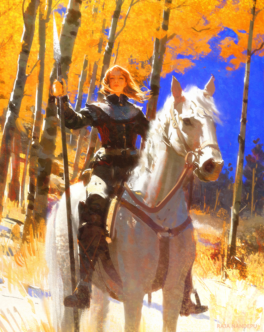 Safebooru - 1girl absurdres animal armor artist name autumn leaves belt birch tree blonde hair ...