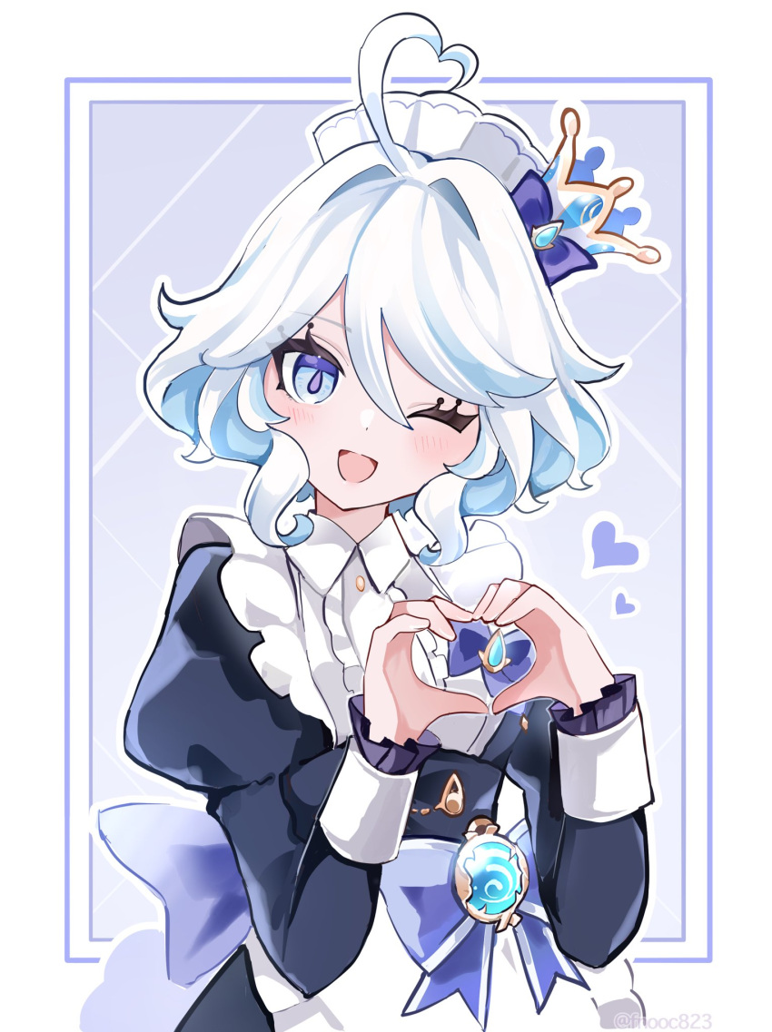 Safebooru - 1girl ;d ahoge alternate costume apron black dress blue eyes blue hair blush border ...