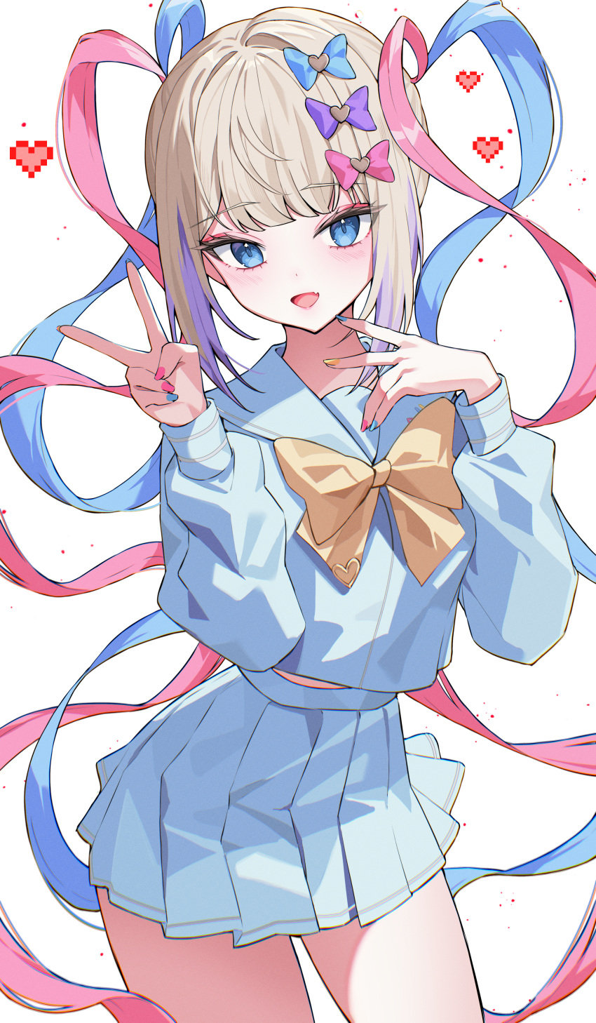 Safebooru - 1girl :d absurdres blonde hair blue bow blue eyes blue hair blue nails blue shirt ...