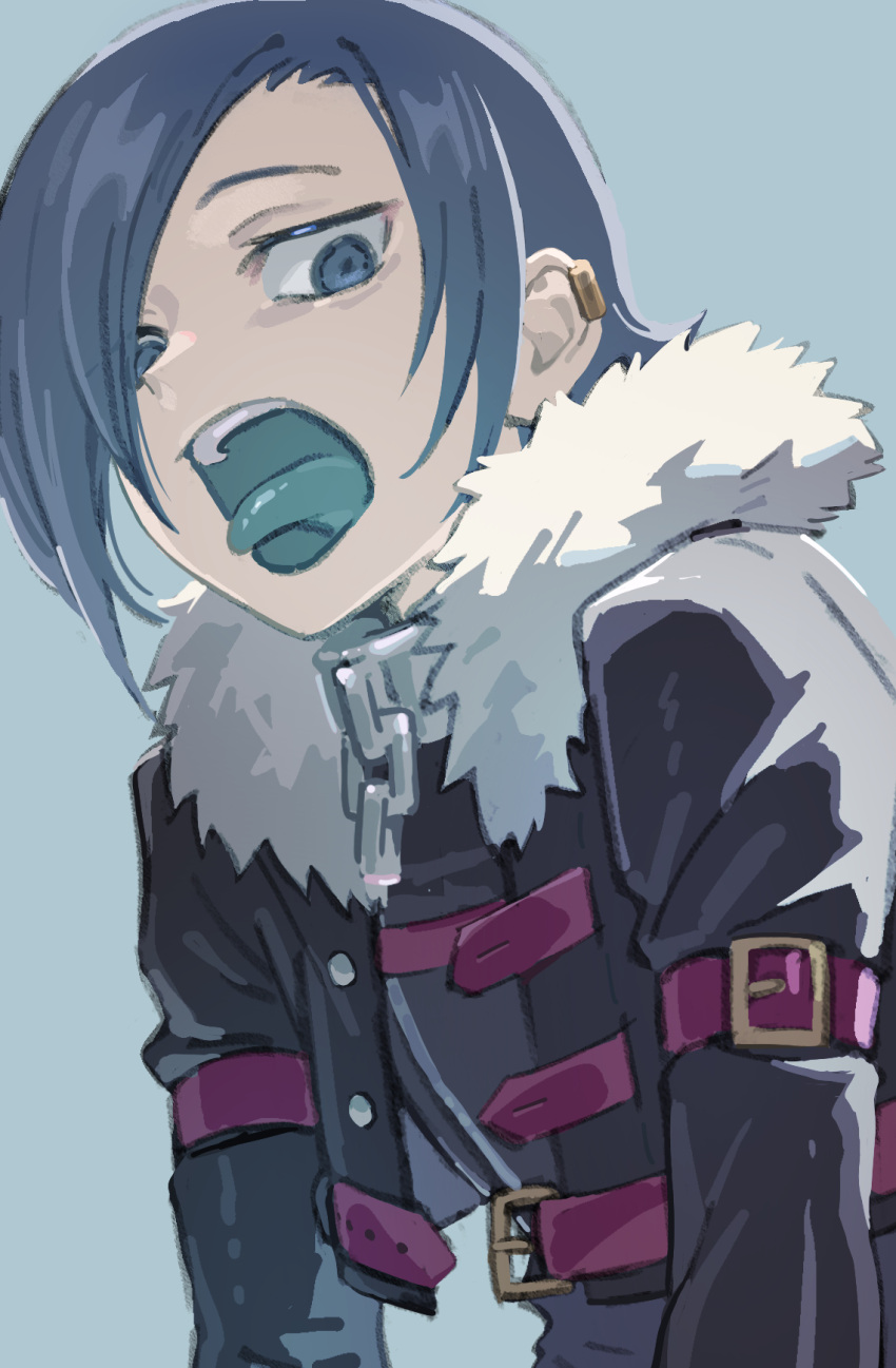 Safebooru - 1boy arm belt belt black vest blue hair blue tongue chain choker colored tongue dark ...