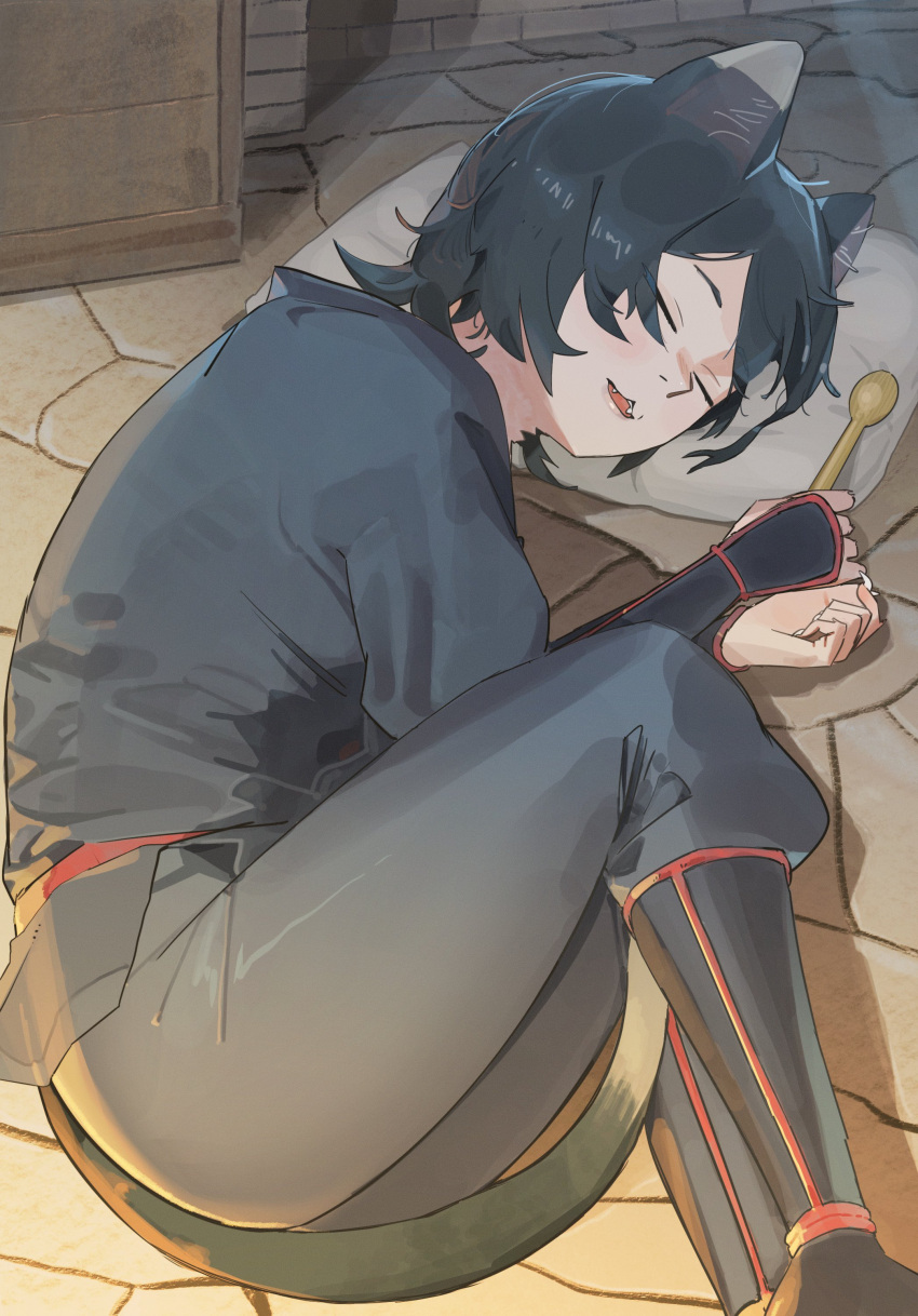 Safebooru - 1girl :3 absurdres animal ears arm guards black hair black pants cat ears cat girl ...