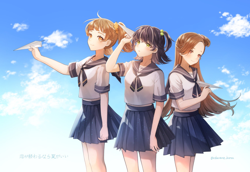 Safebooru - 3girls alternate costume blue sky blush breasts brown hair ...