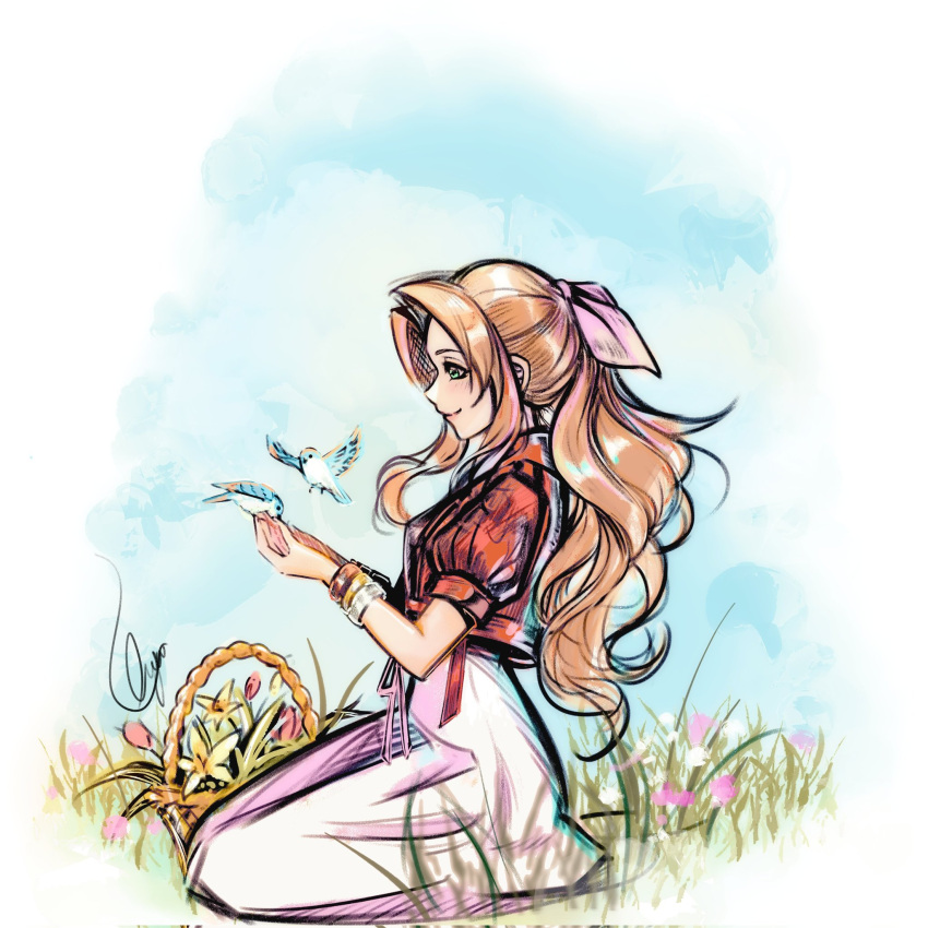 Safebooru - 1girl aerith gainsborough atelier saya bangle basket bird bird on hand bluebird ...