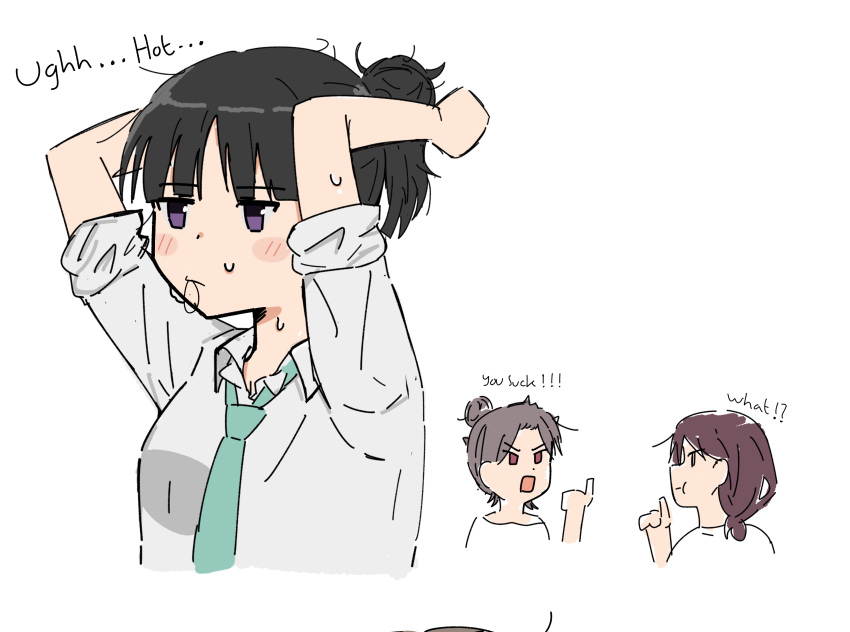 Safebooru - 3girls absurdres awa subaru black hair blue necktie blush brown hair closed mouth ...