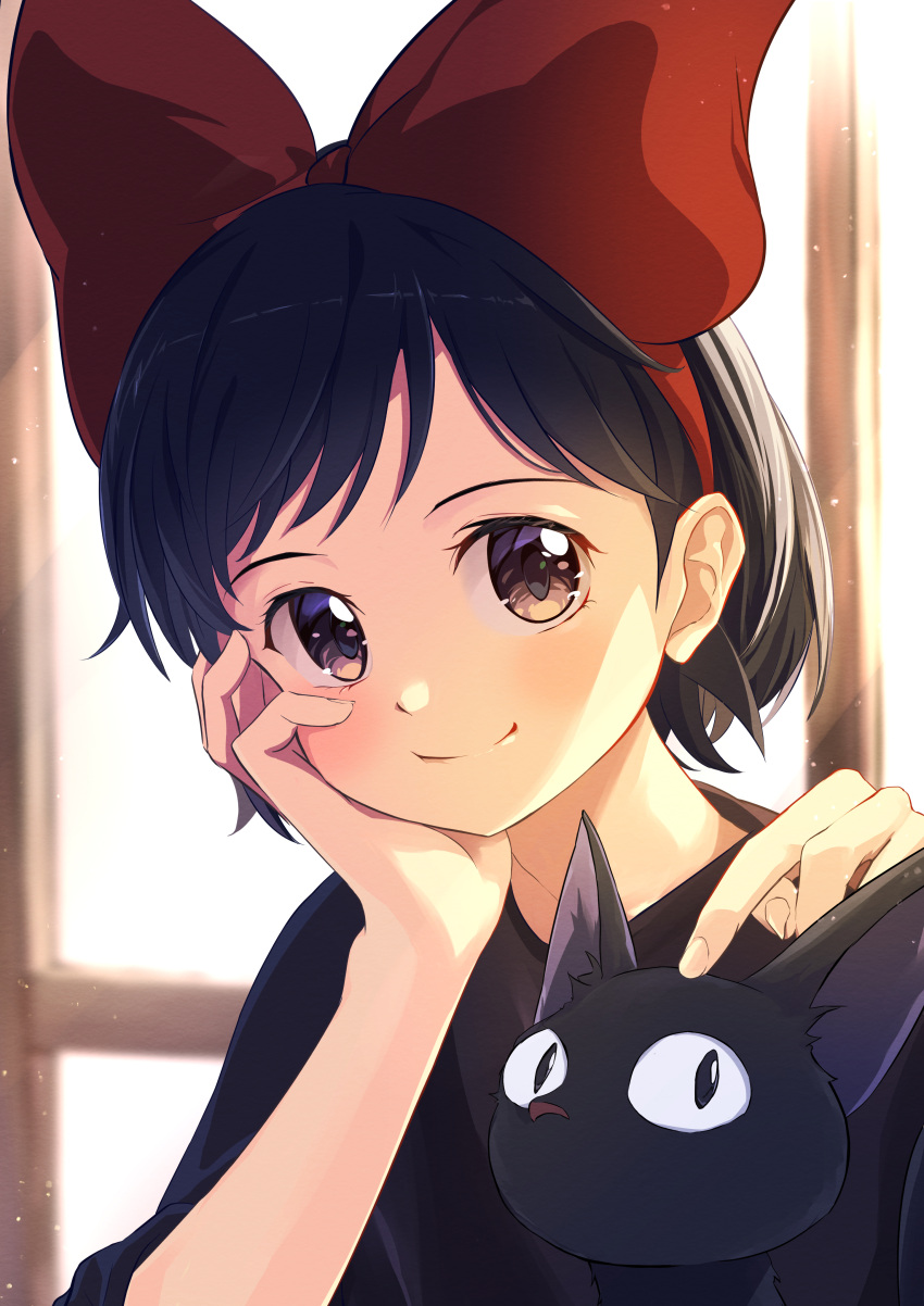 Safebooru - 1girl absurdres black cat black dress black hair blush bob cut bow brown eyes cat ...