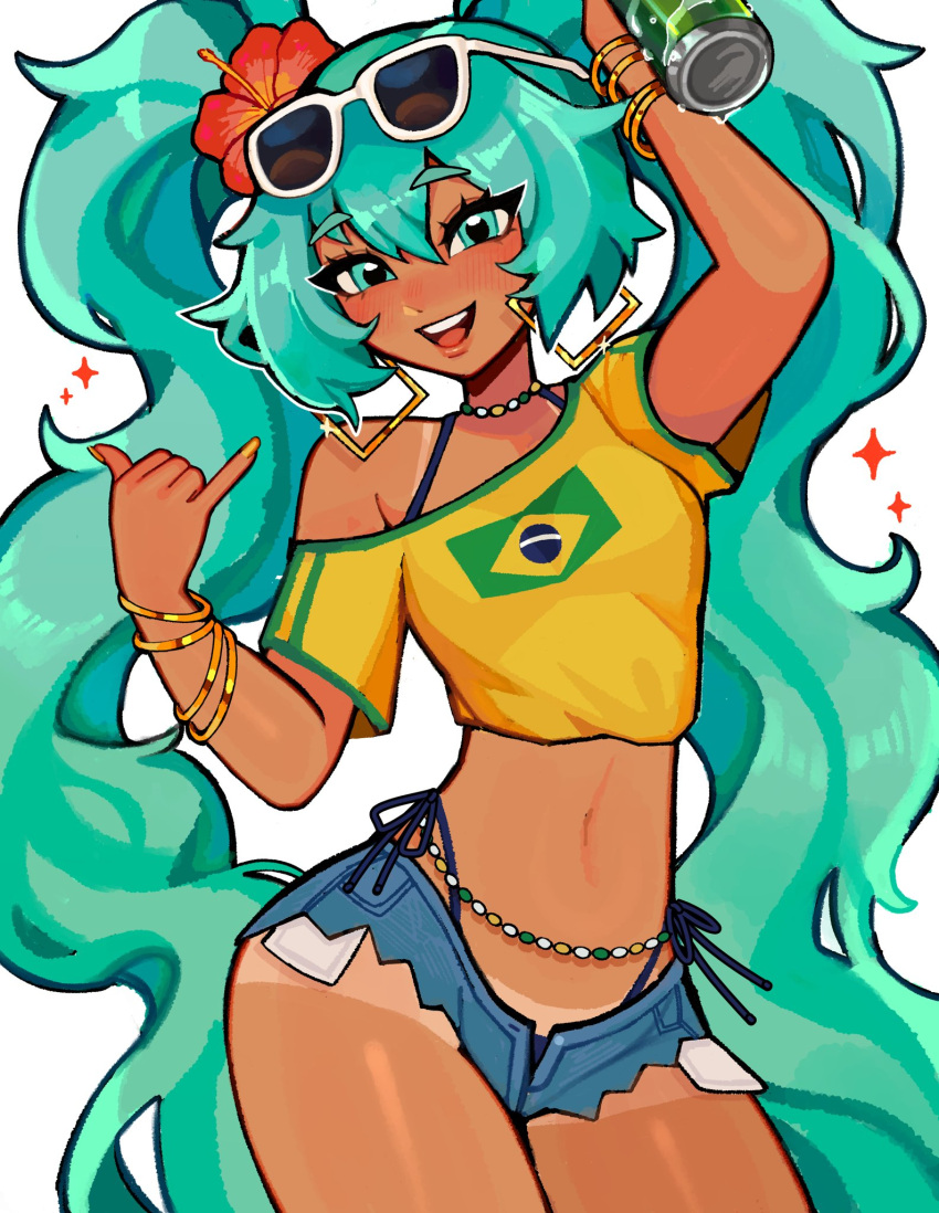 Safebooru - 1girl :d aqua eyes aqua hair arm up armlet blush brazilian flag print brazilian miku ...
