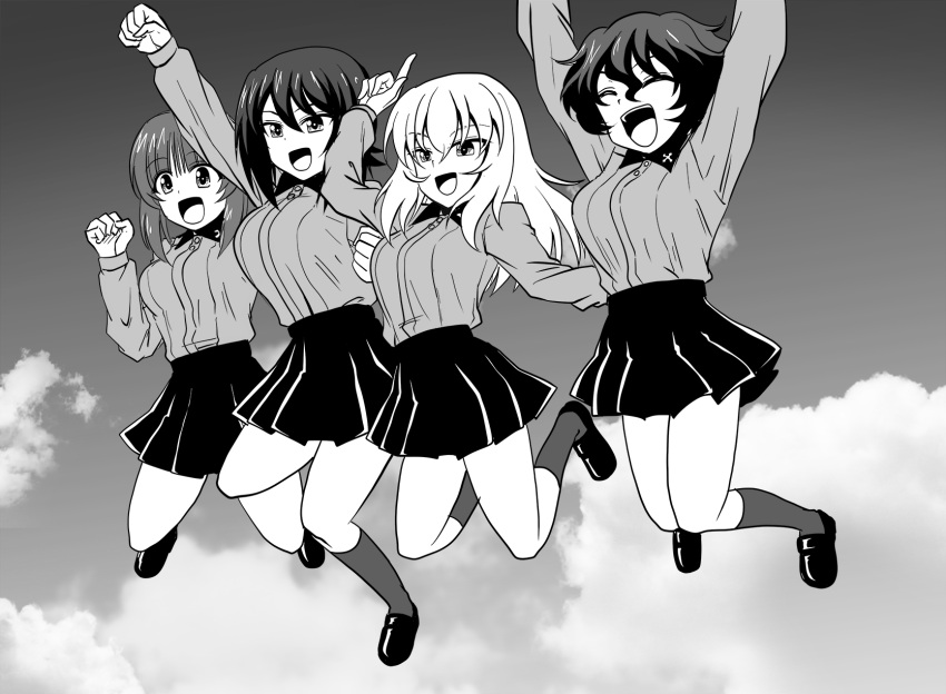 Safebooru - 4girls :d ^ ^ akaboshi koume arms up black skirt clenched hand closed eyes dress ...