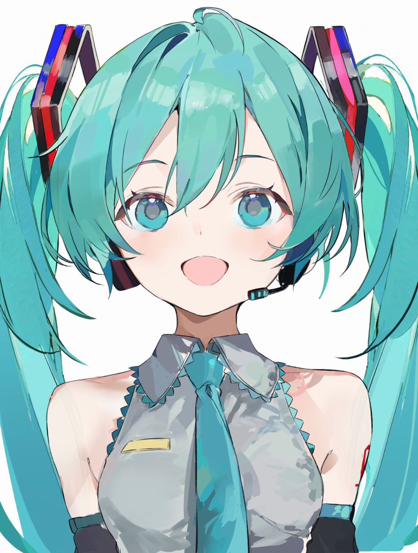 Safebooru - 1girl aqua eyes aqua hair aqua necktie bare shoulders black sleeves collared shirt ...