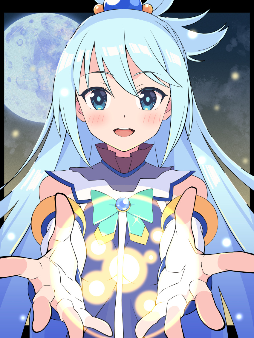 Safebooru - 1girl :d absurdres aqua (konosuba) aqua bow aqua bowtie bare shoulders beads blue ...