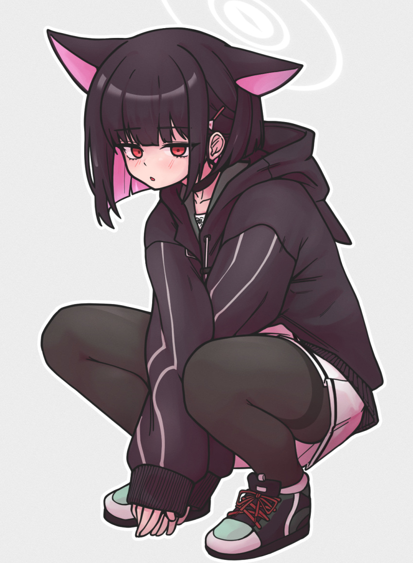 Safebooru - 0dot001hz 1girl animal ears black hair black hoodie black pantyhose blue archive cat ...