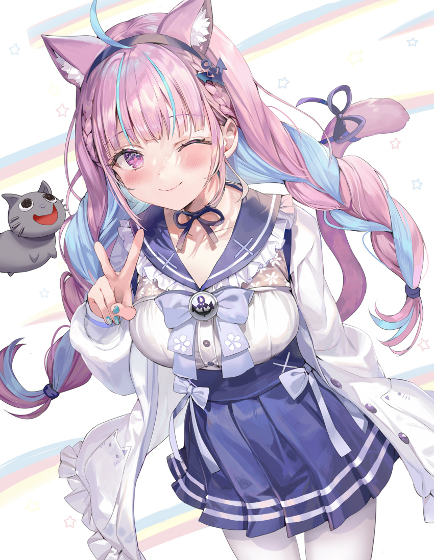 Safebooru - 1girl ahoge anchor hair ornament anchor print animal ears aqua hair aqua nails blue ...