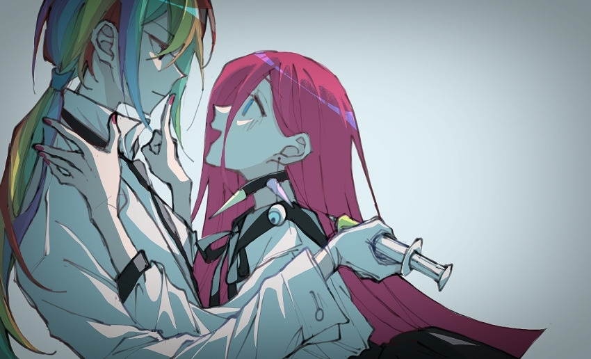 Safebooru - 2girls black necktie blue eyes chinese commentary collar ...