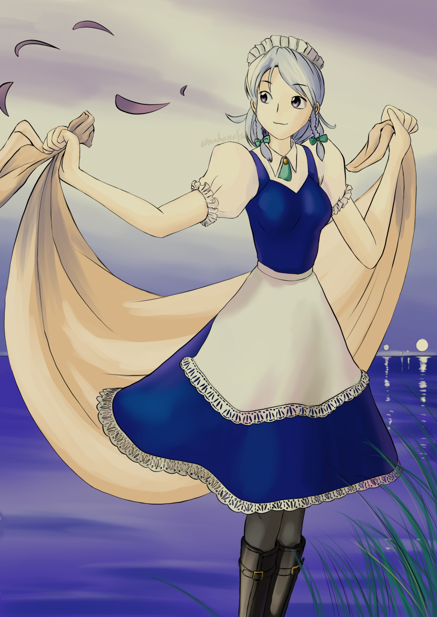 Safebooru - 1girl absurdres apron black footwear black pantyhose blue dress blue hair boots bow ...