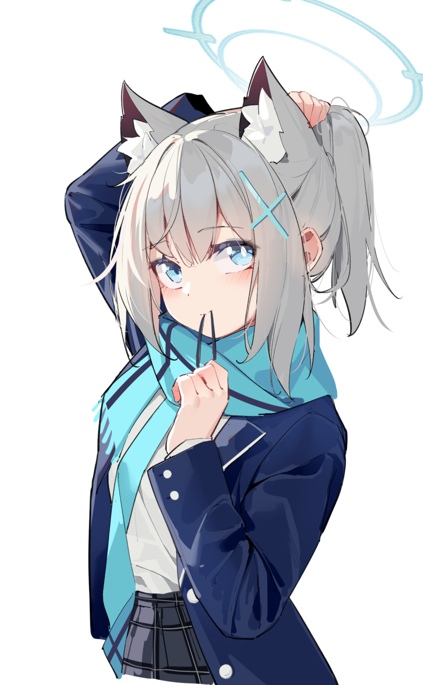 Safebooru - 1girl adjusting hair animal ear fluff animal ears black jacket black skirt blazer ...