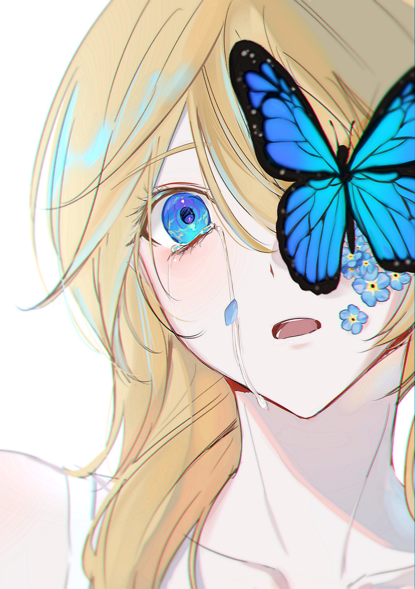 Safebooru - 1girl blonde hair blue butterfly blue eyes blue flower bug butterfly butterfly on ...