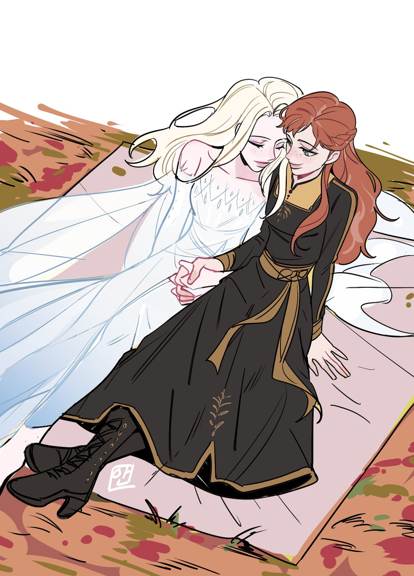 Safebooru - 2girls ahndory anna (frozen) bare shoulders black dress ...