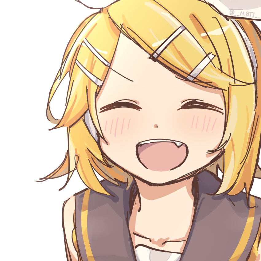 Safebooru - 1girl blonde hair blush closed eyes fang hair ornament hairclip highres kagamine rin ...