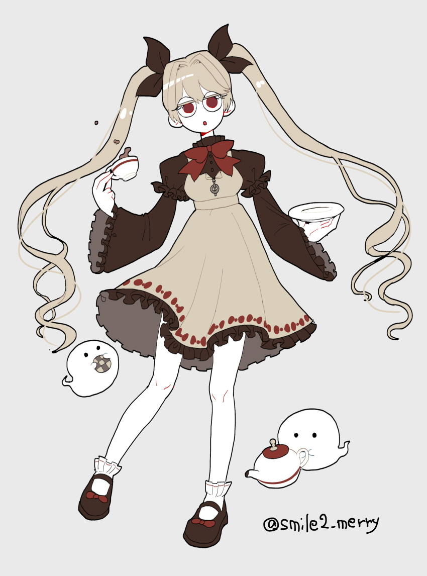 Safebooru - 1girl absurdres blonde hair brown dress cup dress full body ghost grey background ...