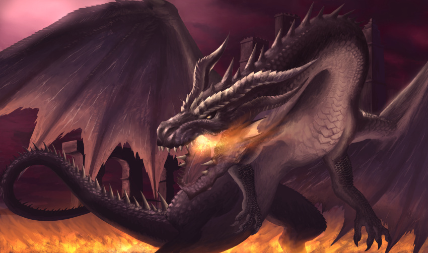 Safebooru - absurdres black scales breath weapon breathing fire castle ...