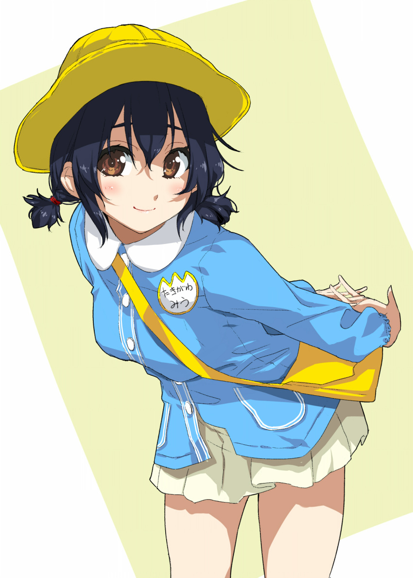 Safebooru - 1girl 22/7 alternate hairstyle bag blue hair blue shirt blush brown eyes cowboy shot ...