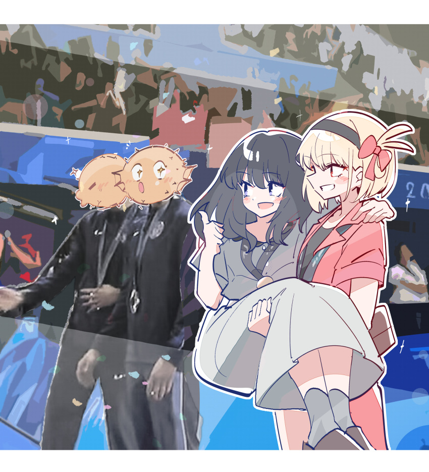 Safebooru - 2girls black hair black hairband black shirt blonde hair blue eyes blush bow brown ...