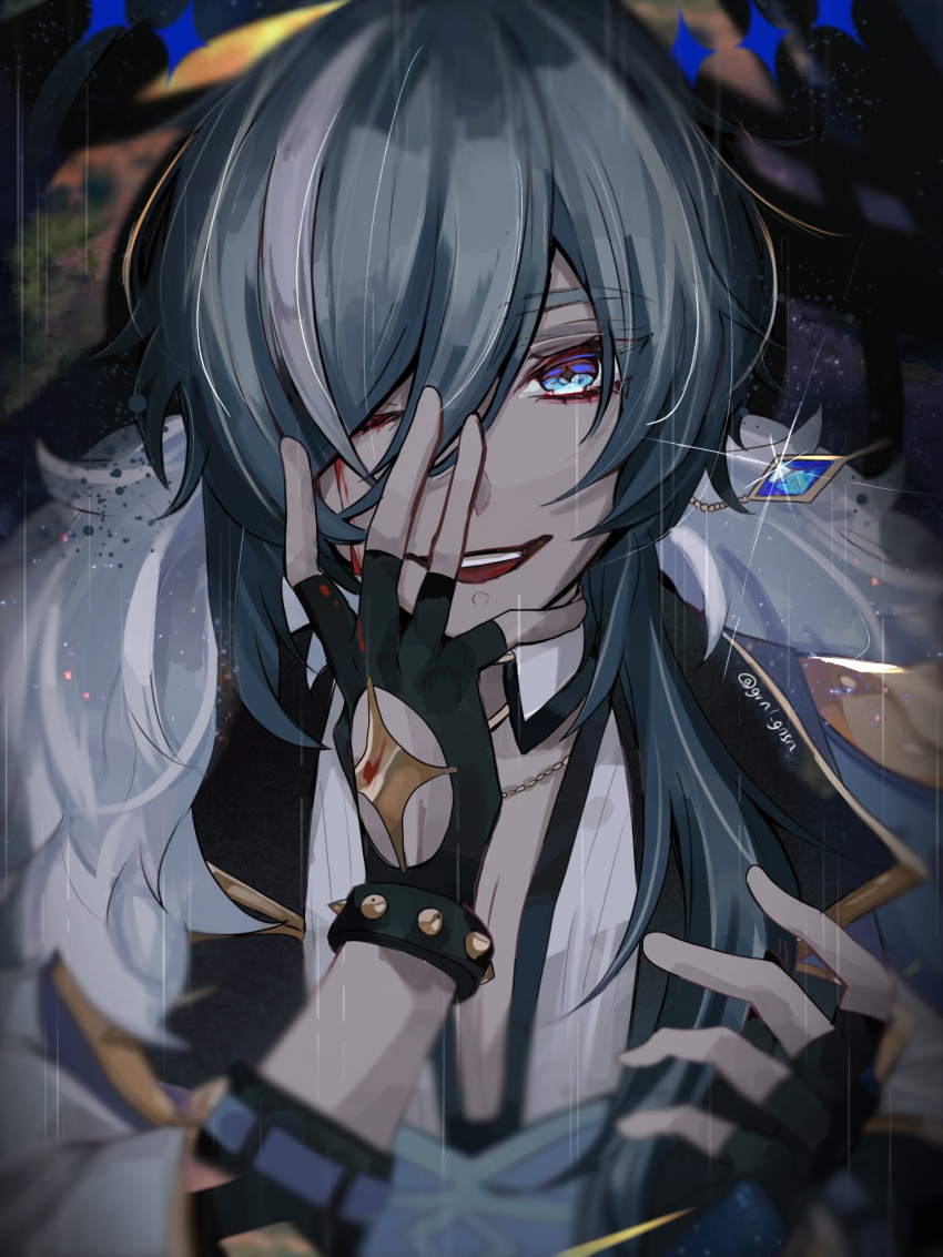 Safebooru - 1boy armband artist name black gloves blood blood from eyes blood on hands blue ...