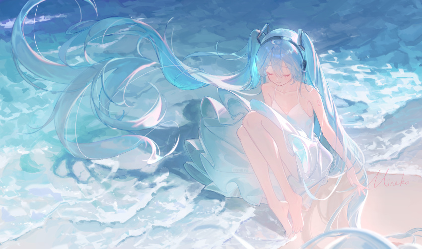 Safebooru - 1girl arm tattoo bare legs bare shoulders barefoot beach blue hair blue nails blurry ...