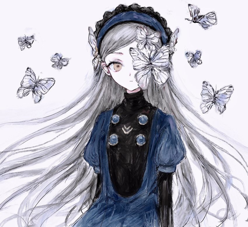 Safebooru - 1girl blue hairband brown eyes bug butterfly dress ...