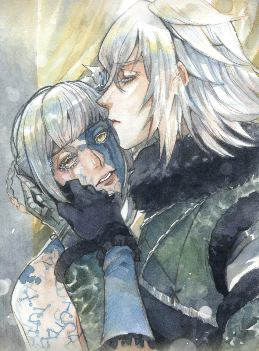 Safebooru - 1boy 1girl black gloves blue skin braided hair rings closed ...