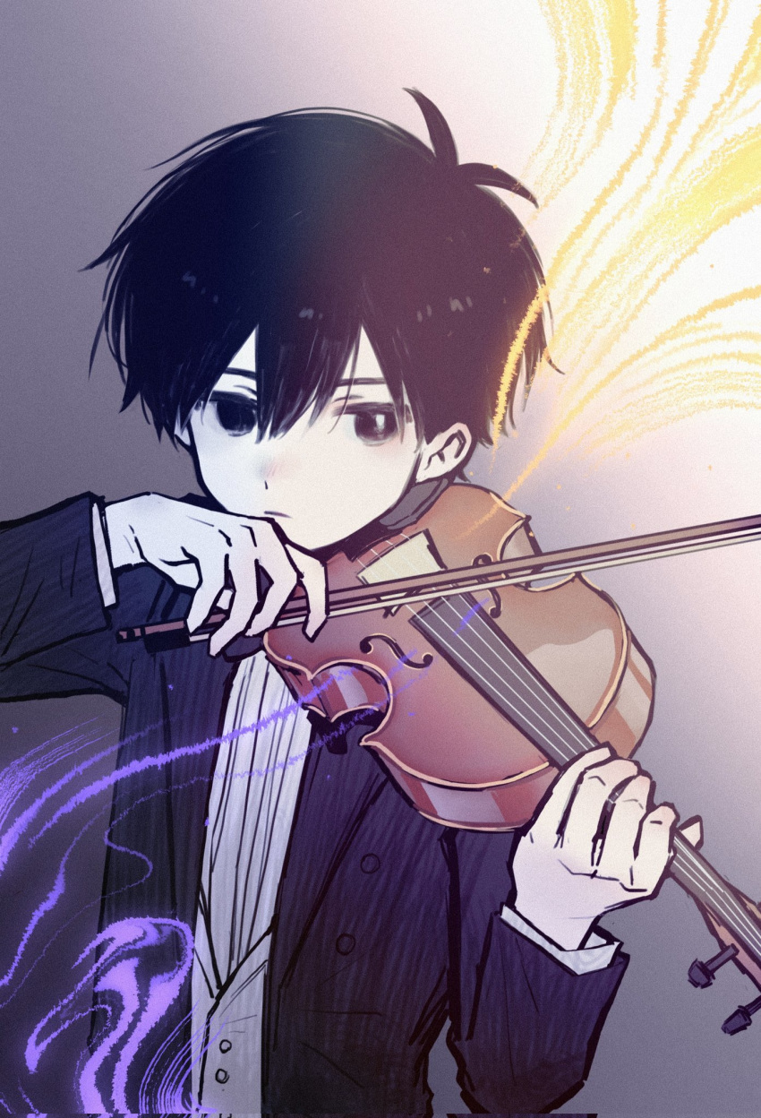 Safebooru - 1boy black eyes black hair bow (music) bright pupils closed ...