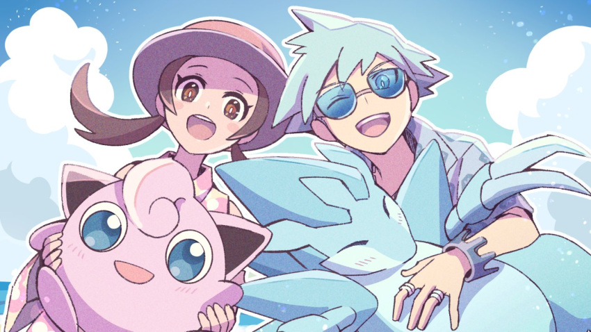 Safebooru - 1boy 1girl :d ;d alolan sandslash blue hair brown eyes ...
