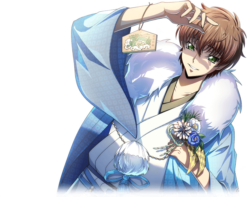 Safebooru - 1boy arm up artist request blue flower blue haori brown ...