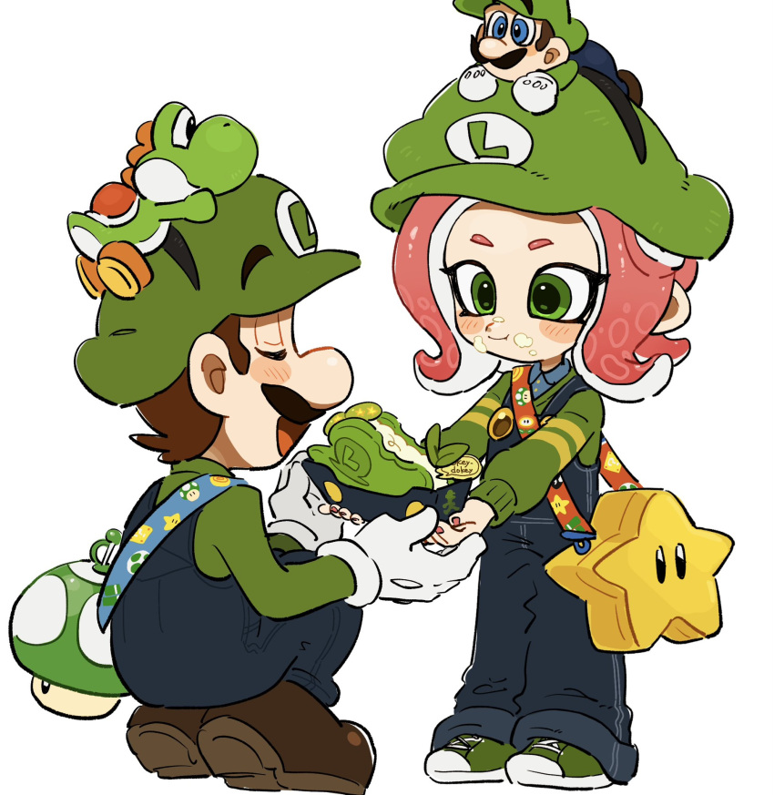 Safebooru - 1boy 1girl bag blue overalls blue shirt blush stickers brown footwear brown hair ...