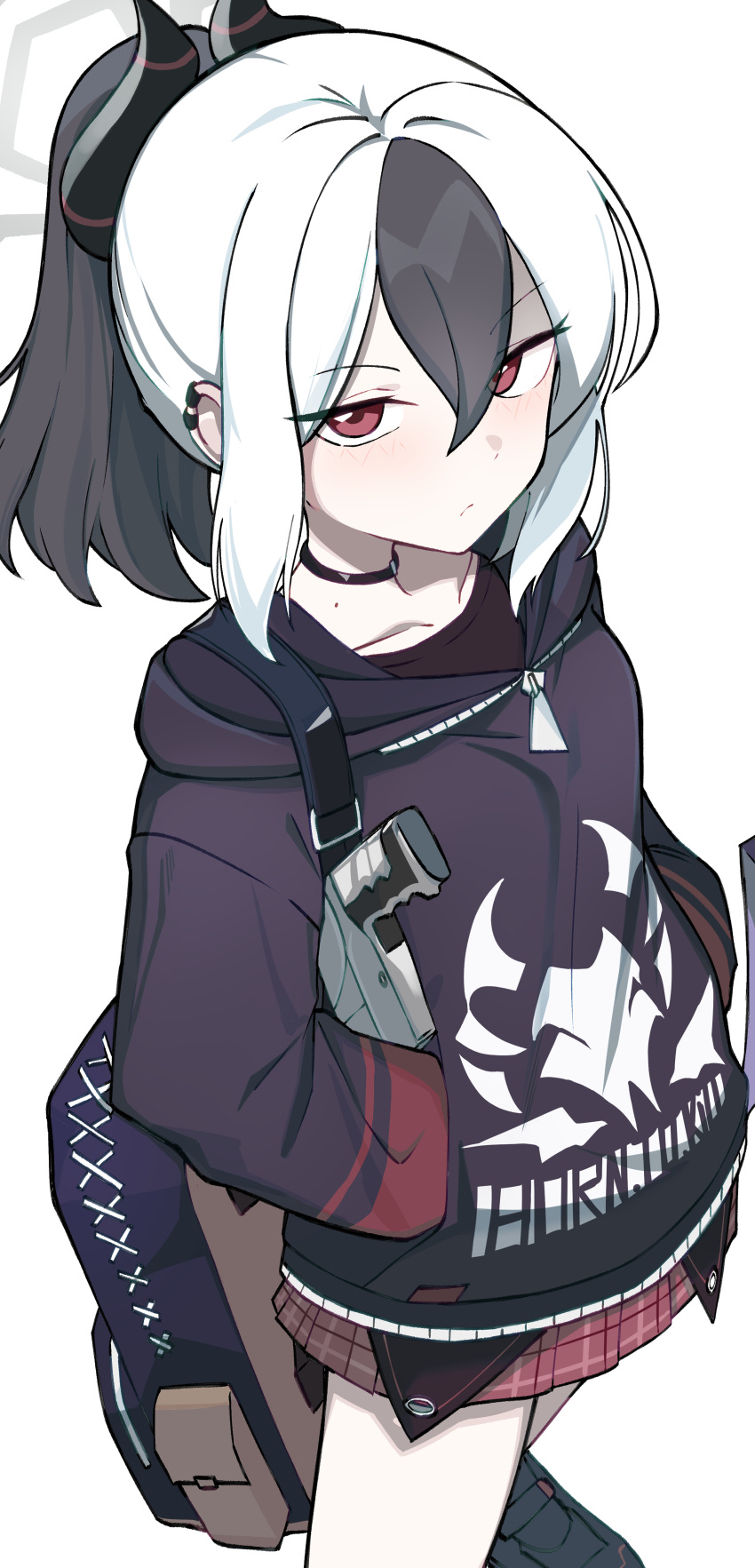 Safebooru - 1girl absurdres black bag black choker black hair black hoodie black horns blue ...