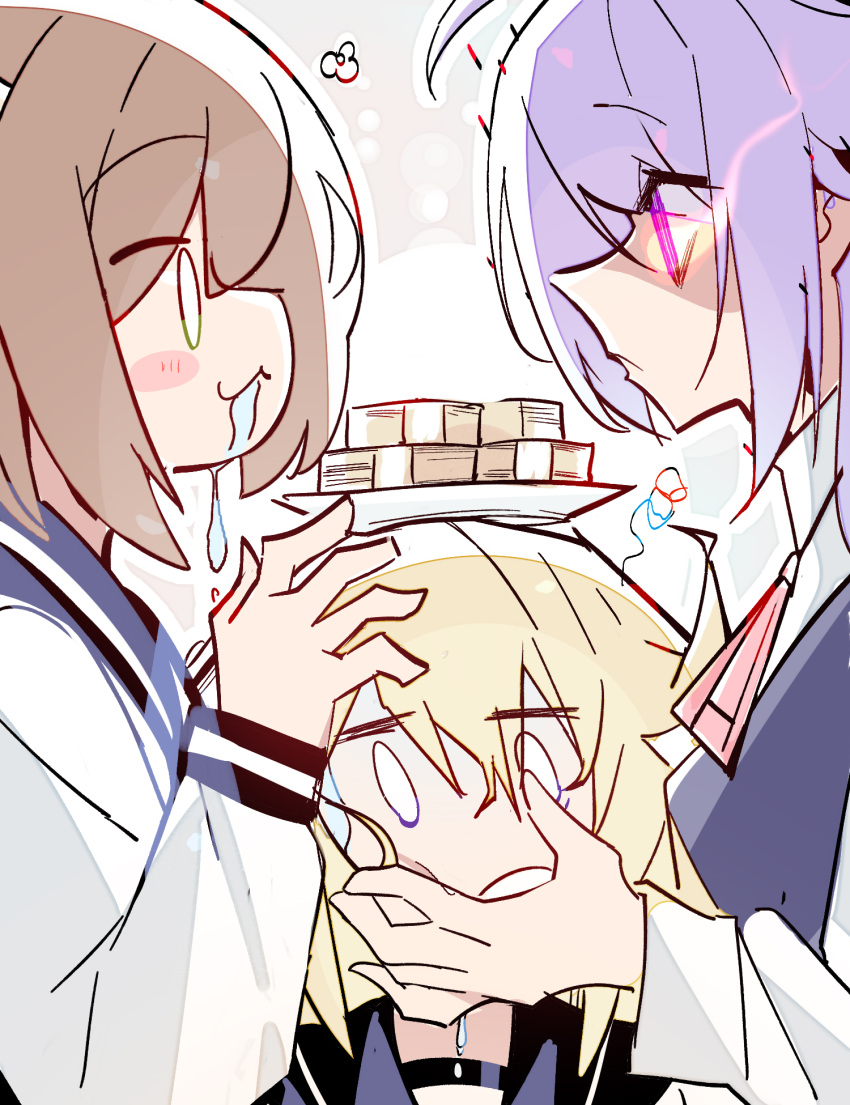 Safebooru - 3girls ahoge blonde hair blue sailor collar brown hair closed mouth drooling hair ...