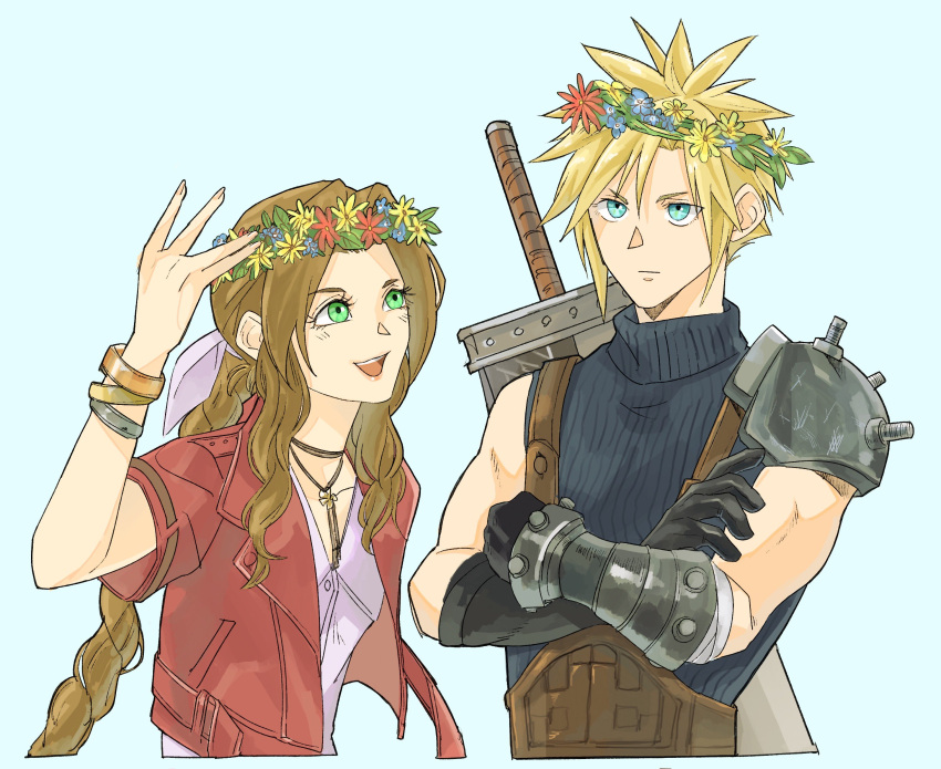 Safebooru - 1boy 1girl absurdres aerith gainsborough aqua eyes armor bandaged arm bandages ...