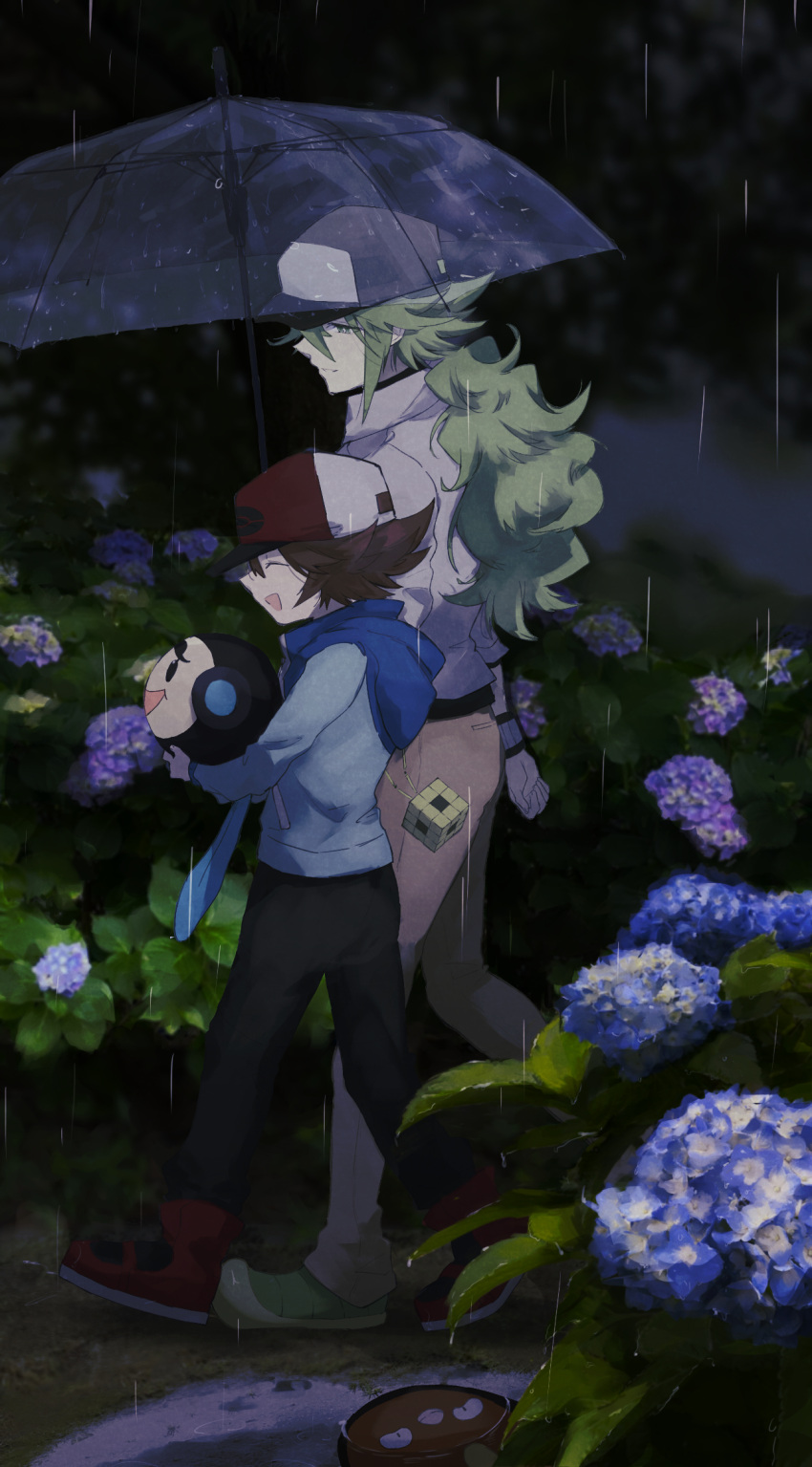 Safebooru - 2boys :d black hat black pants blue jacket brown hair bush ...