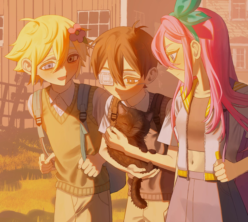 Safebooru - 1girl 2boys aubrey (faraway) (omori) aubrey (omori) backpack bag basil (faraway ...