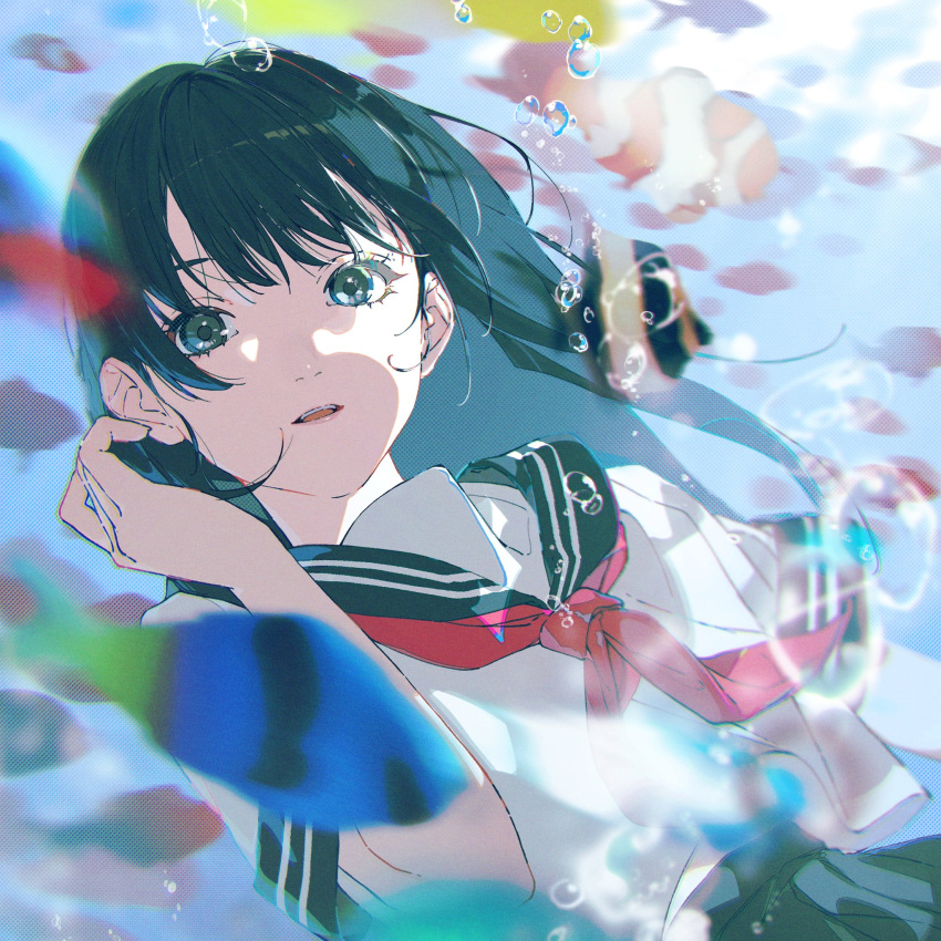 Safebooru - 1girl black eyes black hair black sailor collar black skirt blunt bangs bubble day ...