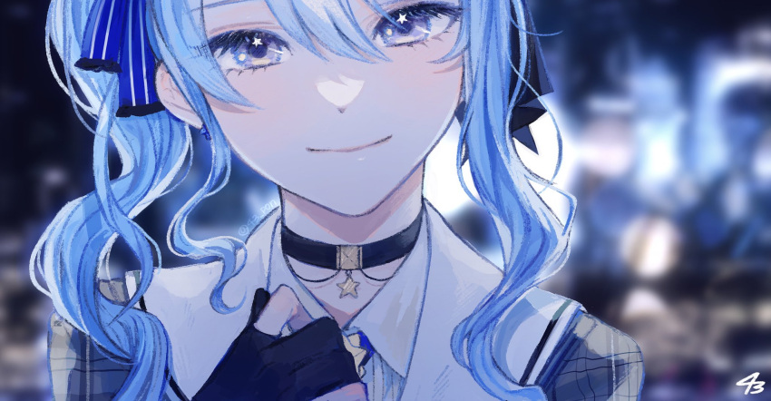 Safebooru - 1girl 43 pon black choker black gloves blue eyes blue hair blurry blurry background ...
