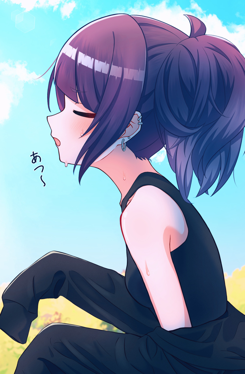 Safebooru - 1girl black jacket black tank top blunt bangs blush breasts closed eyes commentary ...