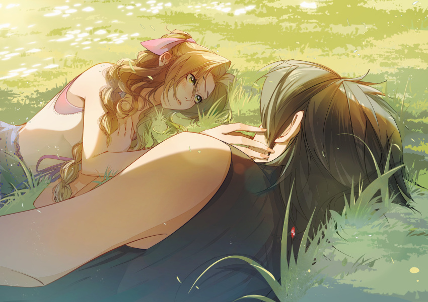 Safebooru - 1boy 1girl absurdres aerith gainsborough bare shoulders black hair blush braid ...